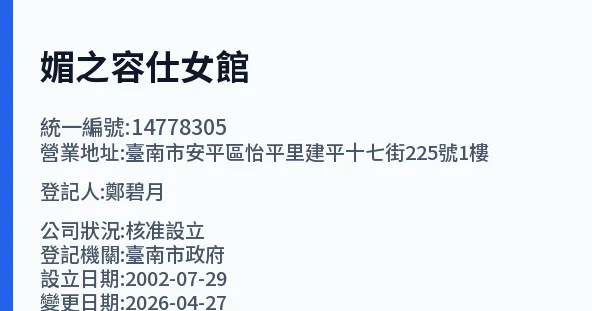 媚之容仕女館的照片-統編 14778305(臺南市) 公司登記資料與營業項目詳細圖表