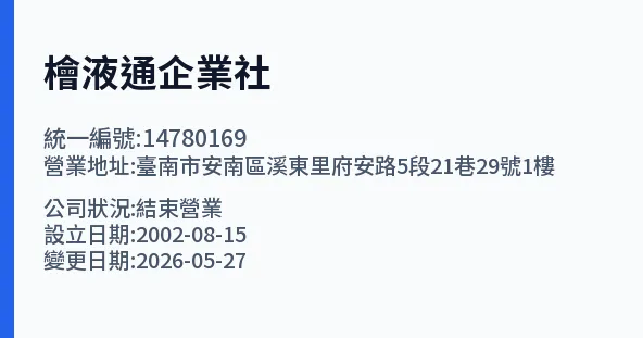 檜液通企業社的照片-統編 14780169(臺南市) 公司登記資料與營業項目詳細圖表