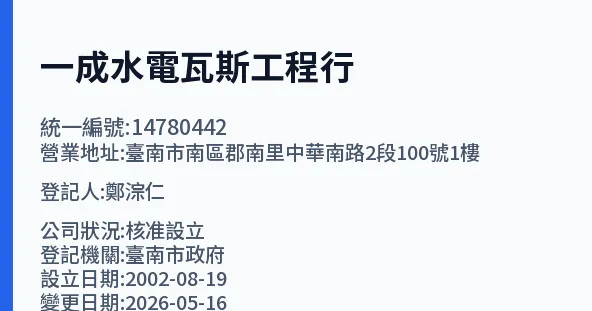 一成水電瓦斯工程行的照片-統編 14780442(臺南市) 公司登記資料與營業項目詳細圖表