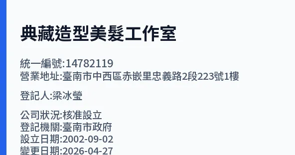 典藏造型美髮工作室的照片-統編 14782119(臺南市) 公司登記資料與營業項目詳細圖表