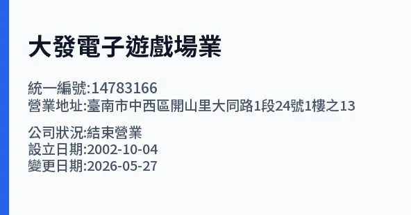 大發電子遊戲場業的照片-統編 14783166(臺南市) 公司登記資料與營業項目詳細圖表