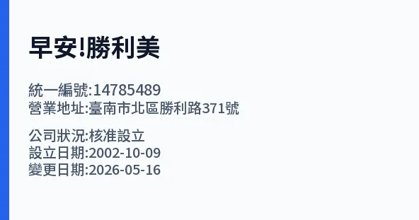 早安!勝利美的照片-統編 14785489(臺南市) 公司登記資料與營業項目詳細圖表