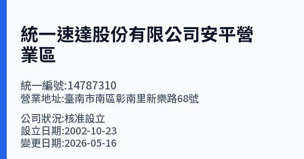 統一速達股份有限公司安平營業區的照片-統編 14787310(臺南市) 公司登記資料與營業項目詳細圖表