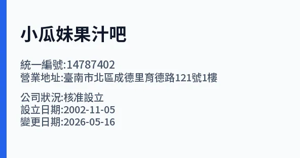 小瓜妹果汁吧的照片-統編 14787402(臺南市) 公司登記資料與營業項目詳細圖表
