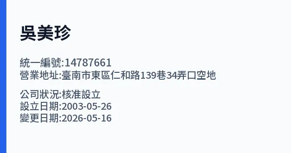 吳美珍的照片-統編 14787661(臺南市) 公司登記資料與營業項目詳細圖表