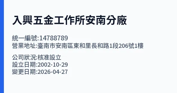 入興五金工作所安南分廠的照片-統編 14788789(臺南市) 公司登記資料與營業項目詳細圖表