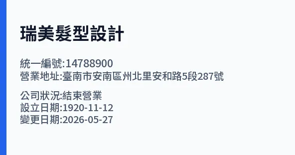 瑞美髮型設計的照片-統編 14788900(臺南市) 公司登記資料與營業項目詳細圖表