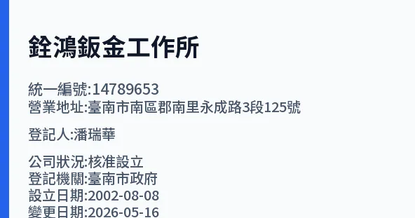 銓鴻鈑金工作所的照片-統編 14789653(臺南市) 公司登記資料與營業項目詳細圖表