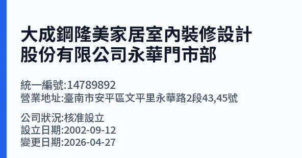 大成鋼隆美家居室內裝修設計股份有限公司永華門市部的照片-統編 14789892(臺南市) 公司登記資料與營業項目詳細圖表