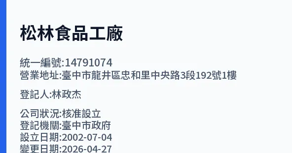 松林食品工廠的照片-統編 14791074(臺中市) 公司登記資料與營業項目詳細圖表