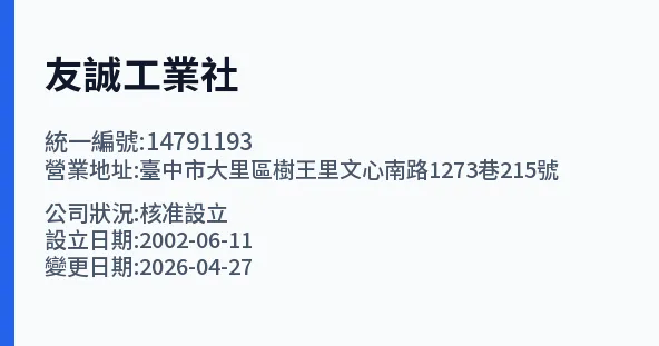 友誠工業社的照片-統編 14791193(臺中市) 公司登記資料與營業項目詳細圖表