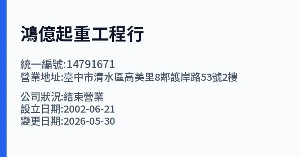 鴻億起重工程行的照片-統編 14791671(臺中市) 公司登記資料與營業項目詳細圖表