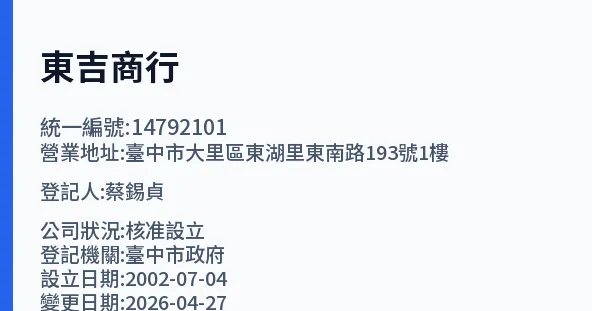 東吉商行的照片-統編 14792101(臺中市) 公司登記資料與營業項目詳細圖表