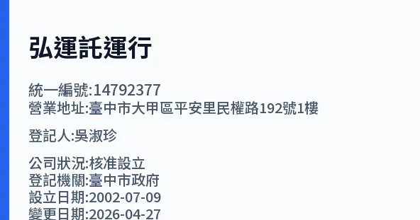 弘運託運行的照片-統編 14792377(臺中市) 公司登記資料與營業項目詳細圖表