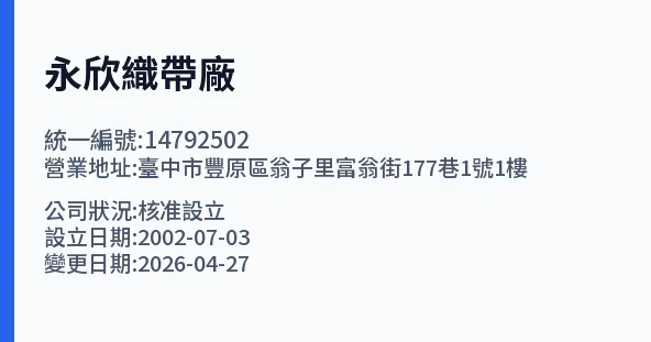 永欣織帶廠的照片-統編 14792502(臺中市) 公司登記資料與營業項目詳細圖表