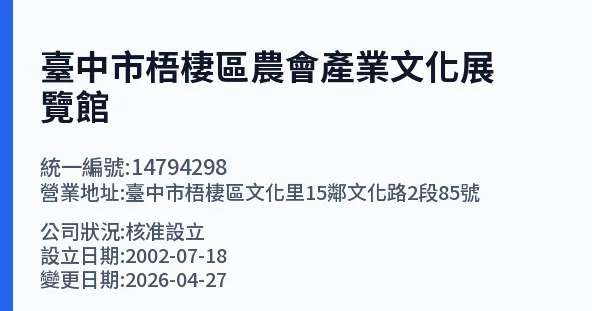 臺中市梧棲區農會產業文化展覽館的照片-統編 14794298(臺中市) 公司登記資料與營業項目詳細圖表