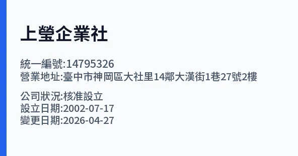 上瑩企業社的照片-統編 14795326(臺中市) 公司登記資料與營業項目詳細圖表