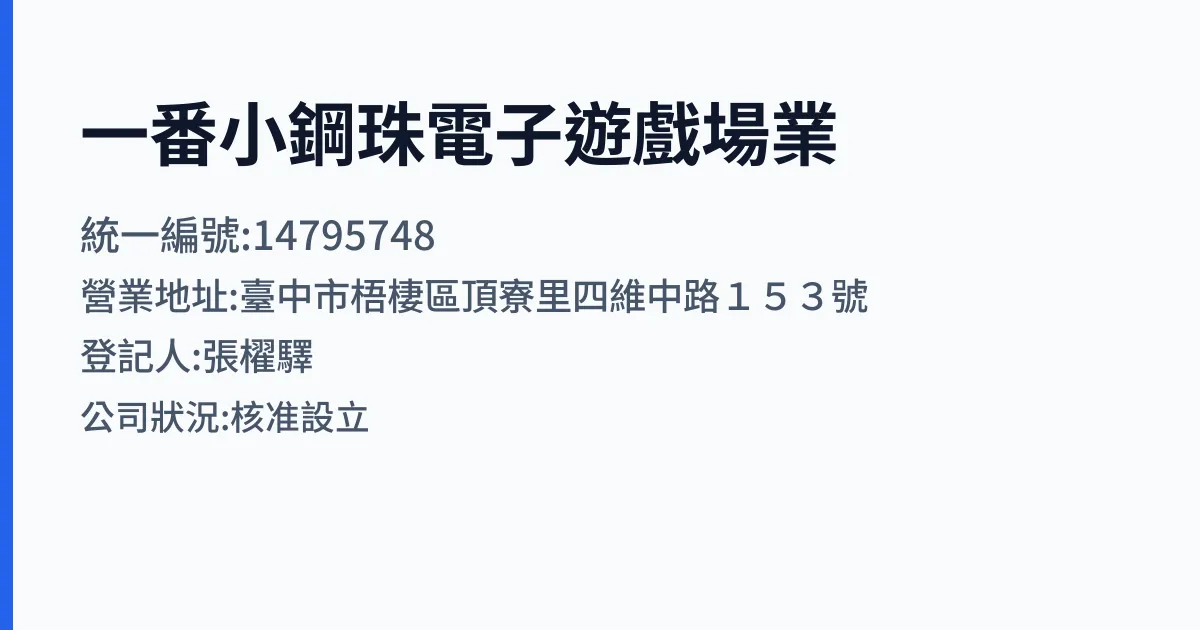 一番小鋼珠電子遊戲場業 - 統編 14795748(臺中市) 公司登記資料與營業項目詳細圖表