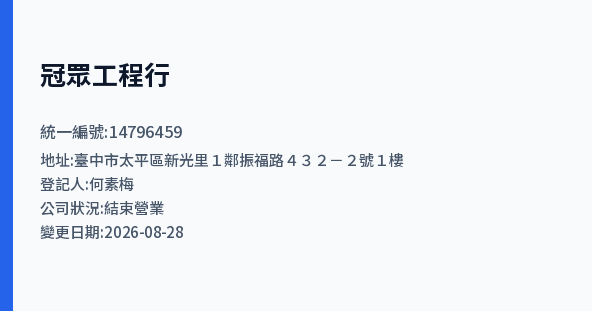 冠眾工程行的照片-統編 14796459(臺中市) 公司登記資料與營業項目詳細圖表