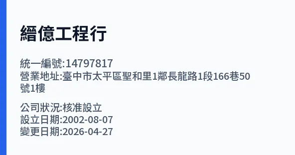 縉億工程行的照片-統編 14797817(臺中市) 公司登記資料與營業項目詳細圖表