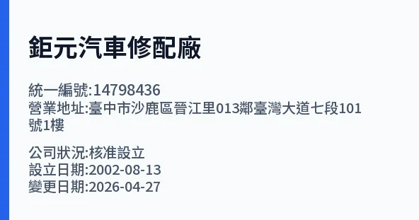 鉅元汽車修配廠的照片-統編 14798436(臺中市) 公司登記資料與營業項目詳細圖表