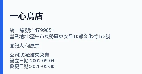 一心鳥店的照片-統編 14799651(臺中市) 公司登記資料與營業項目詳細圖表