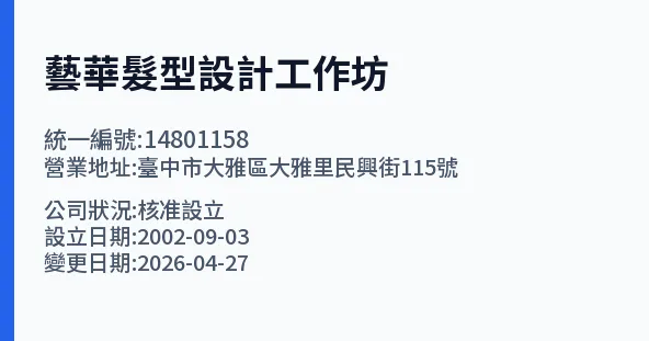藝華髮型設計工作坊的照片-統編 14801158(臺中市) 公司登記資料與營業項目詳細圖表