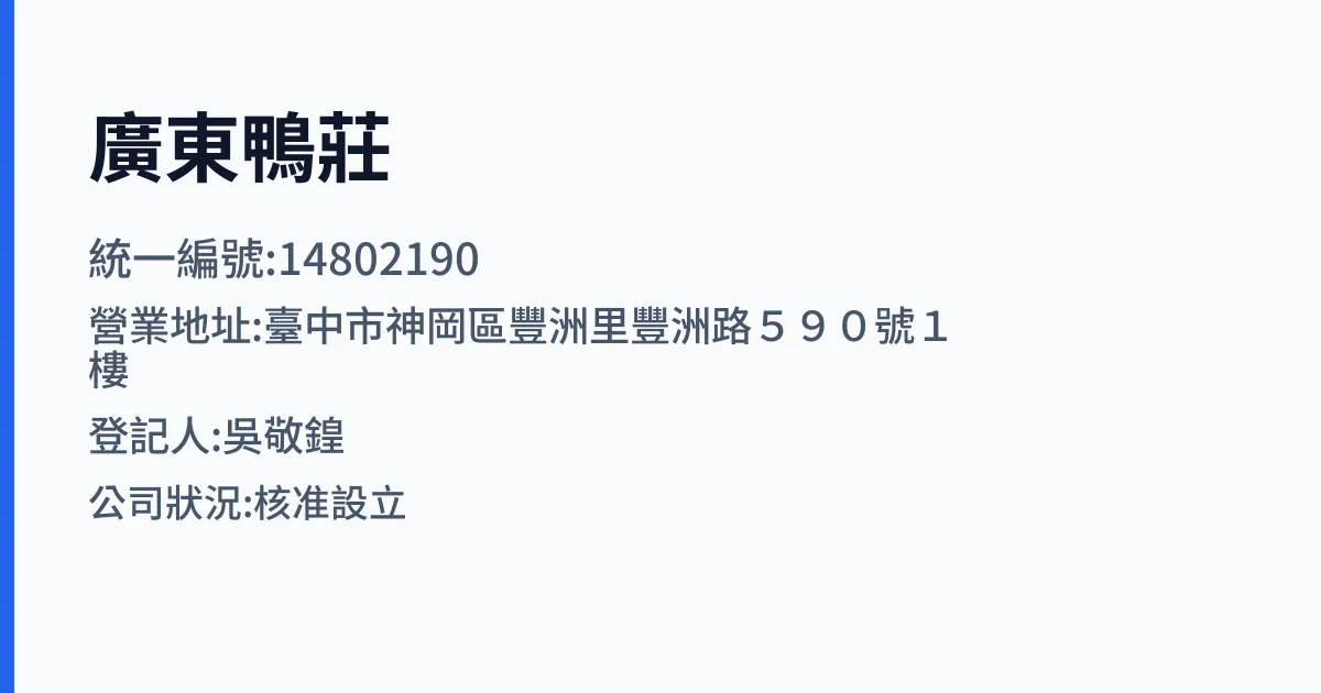 廣東鴨莊 - 統編 14802190(臺中市) 公司登記資料與營業項目詳細圖表