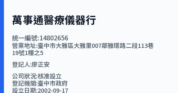 萬事通醫療儀器行的照片-統編 14802656(臺中市) 公司登記資料與營業項目詳細圖表