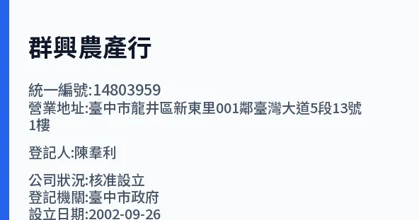 群興農產行的照片-統編 14803959(臺中市) 公司登記資料與營業項目詳細圖表