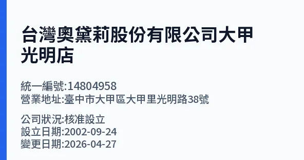 台灣奧黛莉股份有限公司大甲光明店的照片-統編 14804958(臺中市) 公司登記資料與營業項目詳細圖表