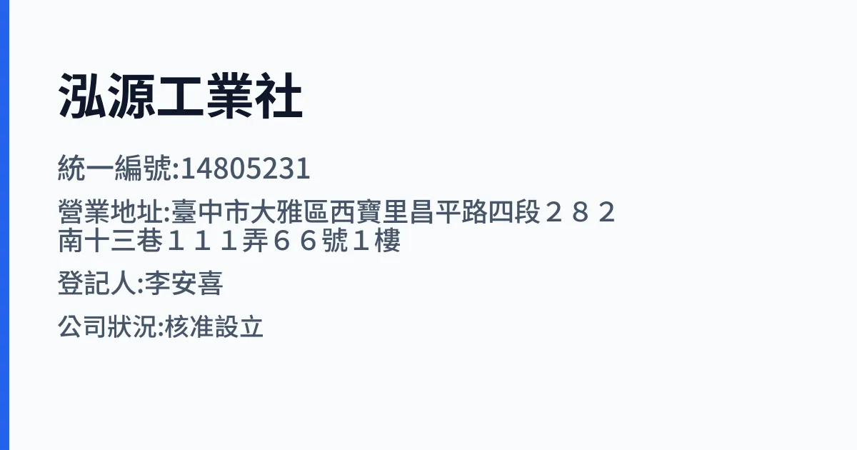 泓源工業社 - 統編 14805231(臺中市) 公司登記資料與營業項目詳細圖表