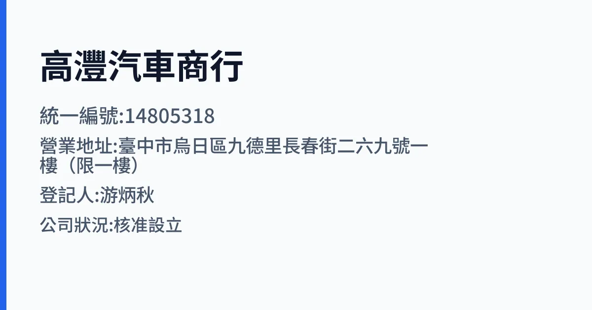 高灃汽車商行 - 統編 14805318(臺中市) 公司登記資料與營業項目詳細圖表