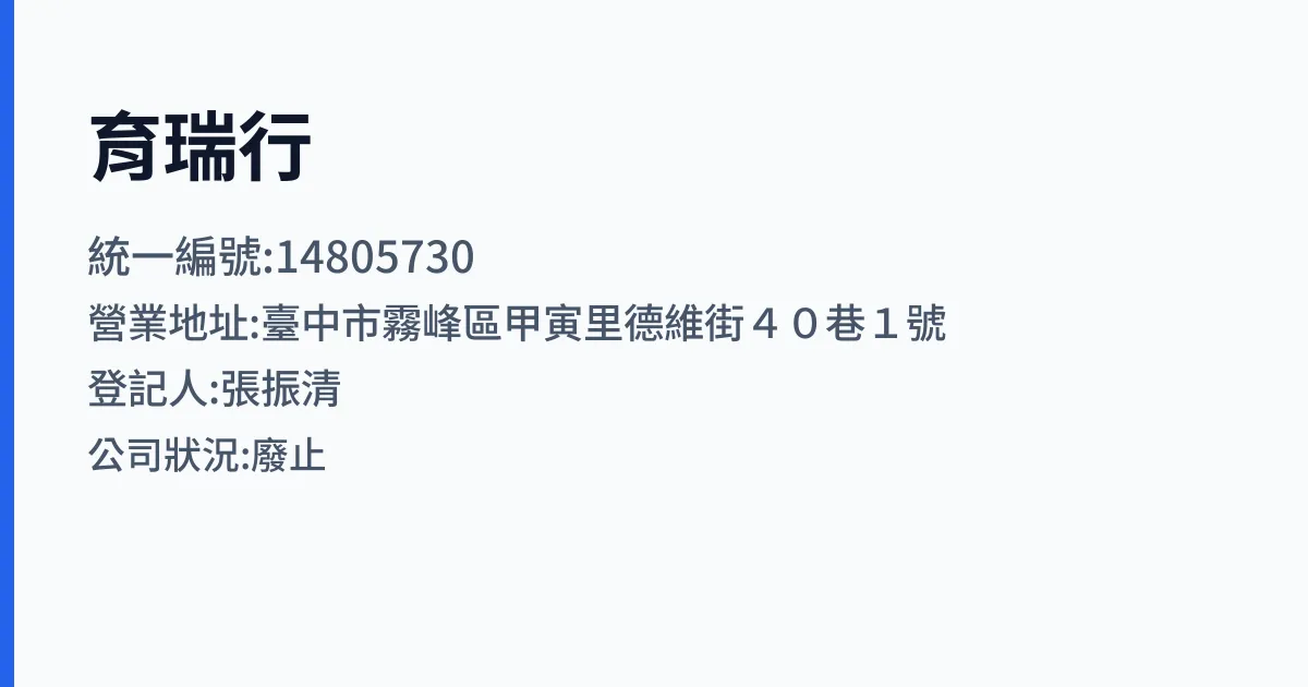 育瑞行 - 統編 14805730(臺中市) 公司登記資料與營業項目詳細圖表