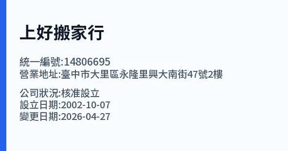 上好搬家行的照片-統編 14806695(臺中市) 公司登記資料與營業項目詳細圖表