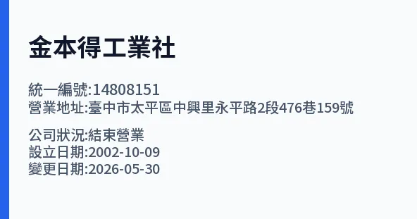 金本得工業社的照片-統編 14808151(臺中市) 公司登記資料與營業項目詳細圖表