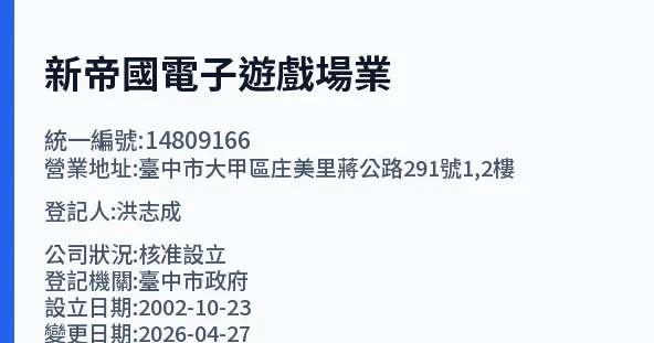 新帝國電子遊戲場業的照片-統編 14809166(臺中市) 公司登記資料與營業項目詳細圖表