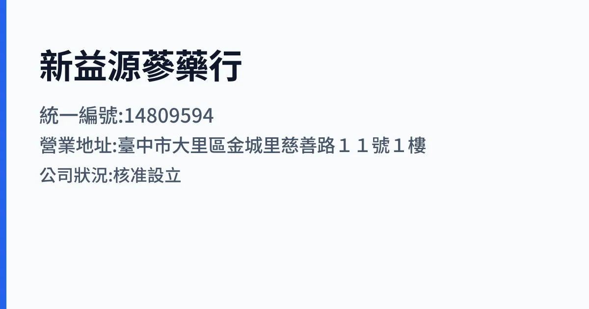 新益源蔘藥行 - 統編 14809594(臺中市) 公司登記資料與營業項目詳細圖表