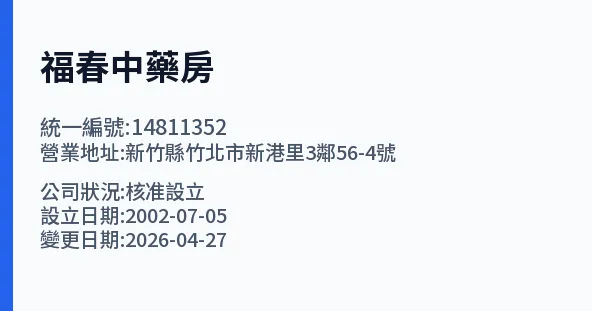 福春中藥房的照片-統編 14811352(新竹縣) 公司登記資料與營業項目詳細圖表