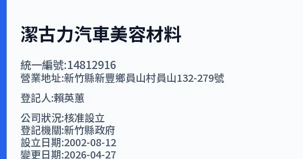 潔古力汽車美容材料的照片-統編 14812916(新竹縣) 公司登記資料與營業項目詳細圖表
