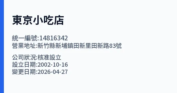 東京小吃店的照片-統編 14816342(新竹縣) 公司登記資料與營業項目詳細圖表