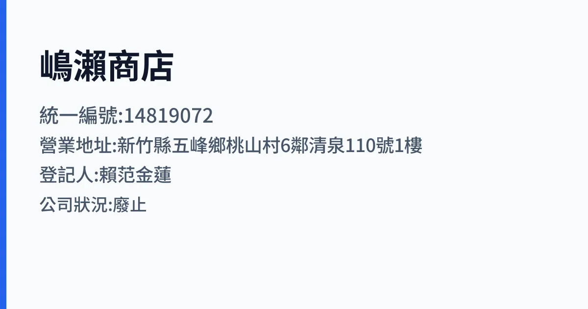 嶋瀨商店 - 統編 14819072(新竹縣) 公司登記資料與營業項目詳細圖表