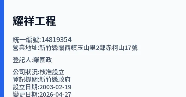 耀祥工程的照片-統編 14819354(新竹縣) 公司登記資料與營業項目詳細圖表