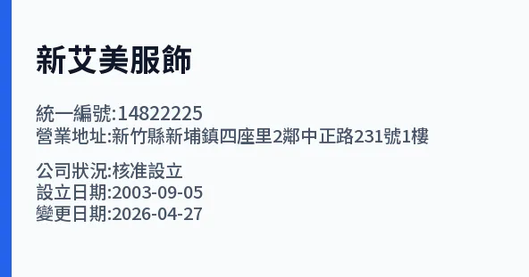 新艾美服飾的照片-統編 14822225(新竹縣) 公司登記資料與營業項目詳細圖表