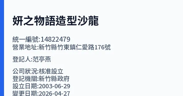 妍之物語造型沙龍的照片-統編 14822479(新竹縣) 公司登記資料與營業項目詳細圖表