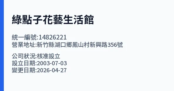 綠點子花藝生活館的照片-統編 14826221(新竹縣) 公司登記資料與營業項目詳細圖表