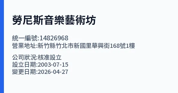 勞尼斯音樂藝術坊的照片-統編 14826968(新竹縣) 公司登記資料與營業項目詳細圖表