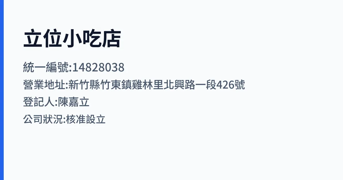 立位小吃店 - 統編 14828038(新竹縣) 公司登記資料與營業項目詳細圖表