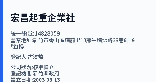 宏昌起重企業社的照片-統編 14828059(新竹市) 公司登記資料與營業項目詳細圖表