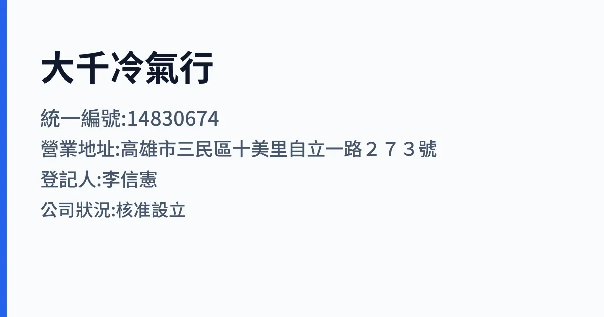 大千冷氣行 - 統編 14830674(高雄市) 公司登記資料與營業項目詳細圖表